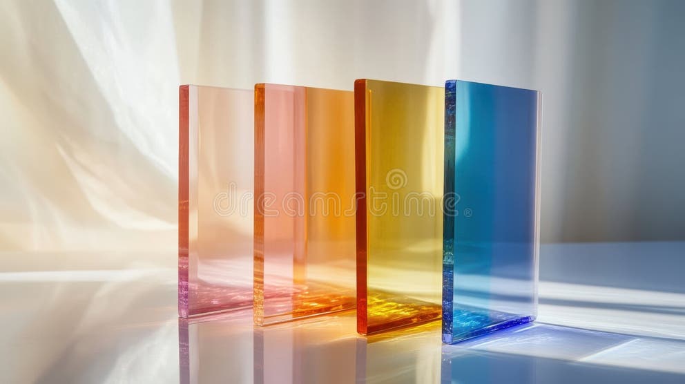 Four Translucent Colorful Acrylic Panels Reflecting Light on White ...