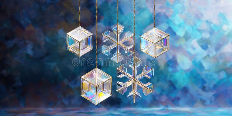 Four Transparent Glass Cubes Suspended by Strings Against a Solid Blue ...