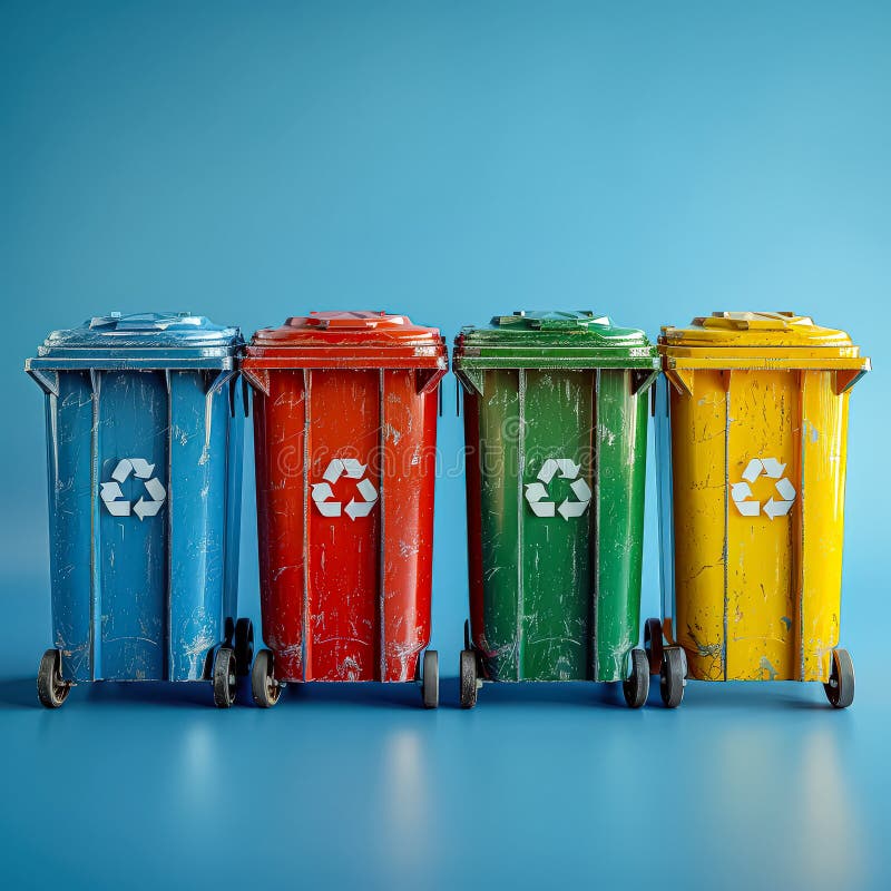 Four Trash Cans Lined Up Each Different Color Recycling Symbol Stock ...