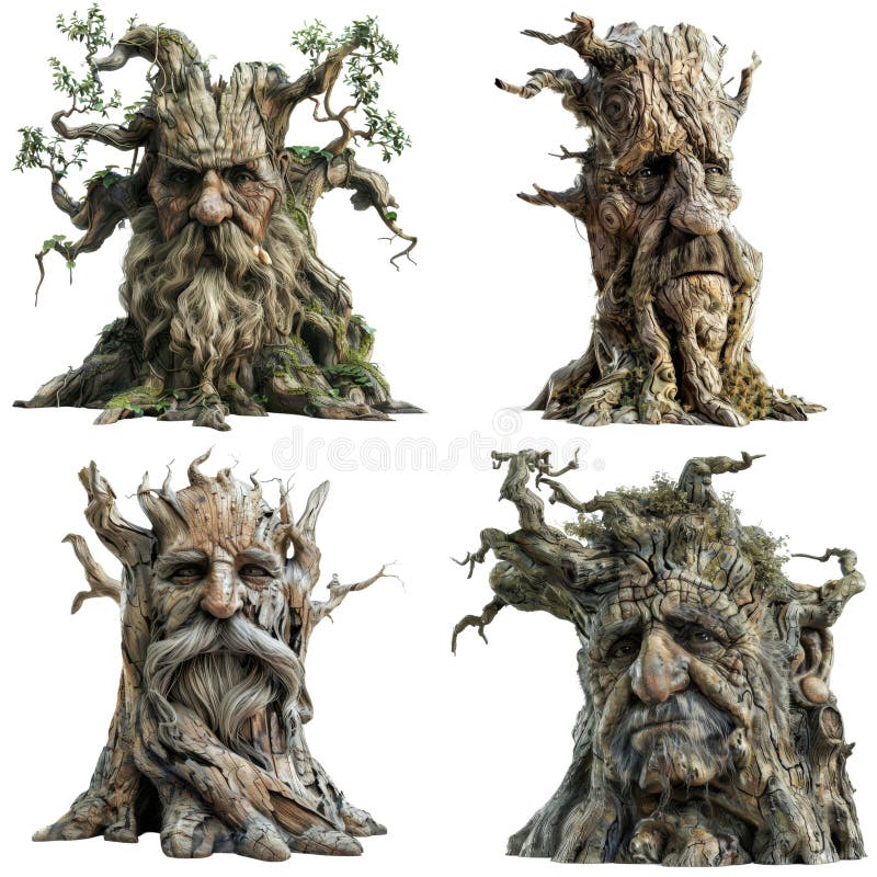 Four Tree Spirits with Human Faces and Beards Stock Image ...