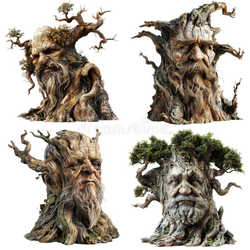 Four Tree Spirits with Humanoid Faces and Beards Stock Illustration ...