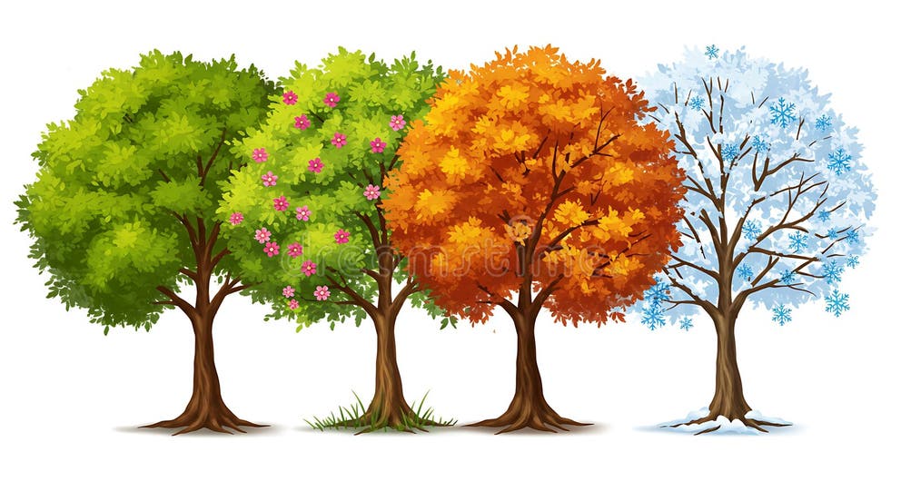 Four Trees Depict Different Seasons. the First Tree Has Vibrant Green ...
