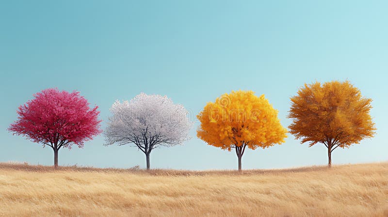 Four Trees in Different Colors Against a Blue Sky, Representing the ...