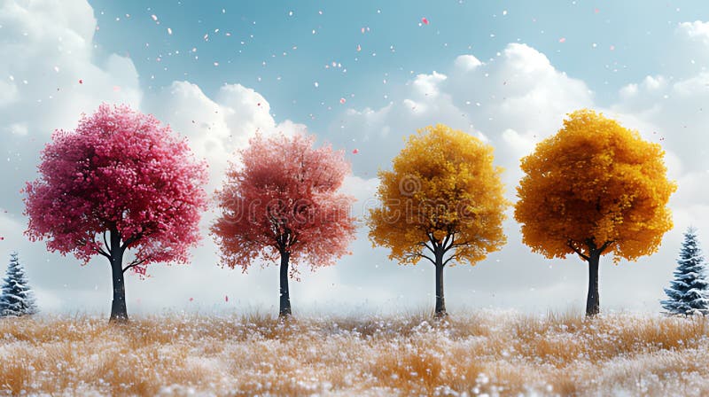 Four Trees in Different Seasons Stand Side-by-side in a Field with a ...