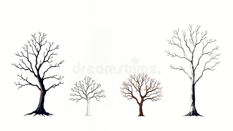Four Trees in Different Stages of Growth from Bare Branches To Blooming ...