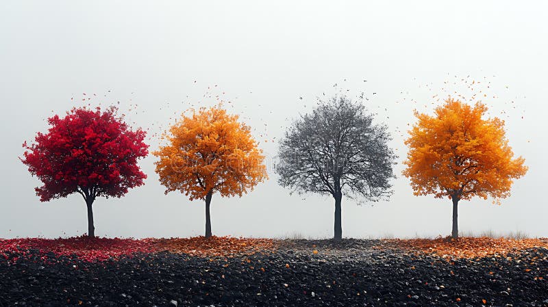 Four Trees in a Row with Different Colors of Leaves, Representing the ...