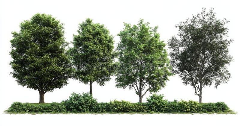 Four Trees and Shrubbery Row Isolated on White Background, Landscaping ...