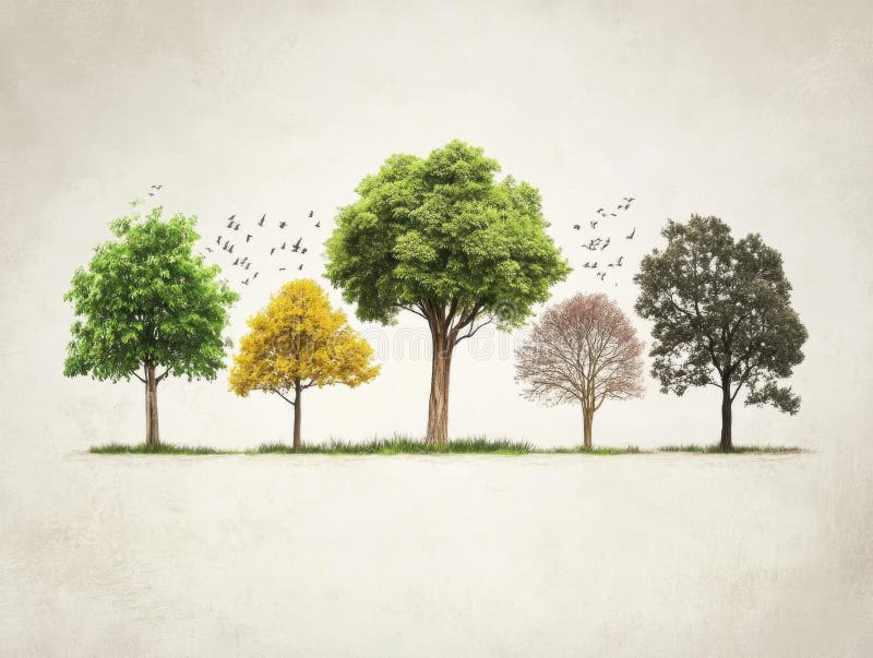 Four Trees Symbolize the Cycle of Life with Birds Flying Above Stock ...