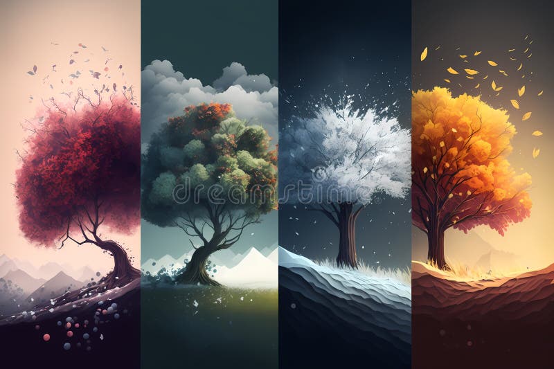 Four Trees in Various Seasons. Nature Life Cycle. Stock Photo - Image ...