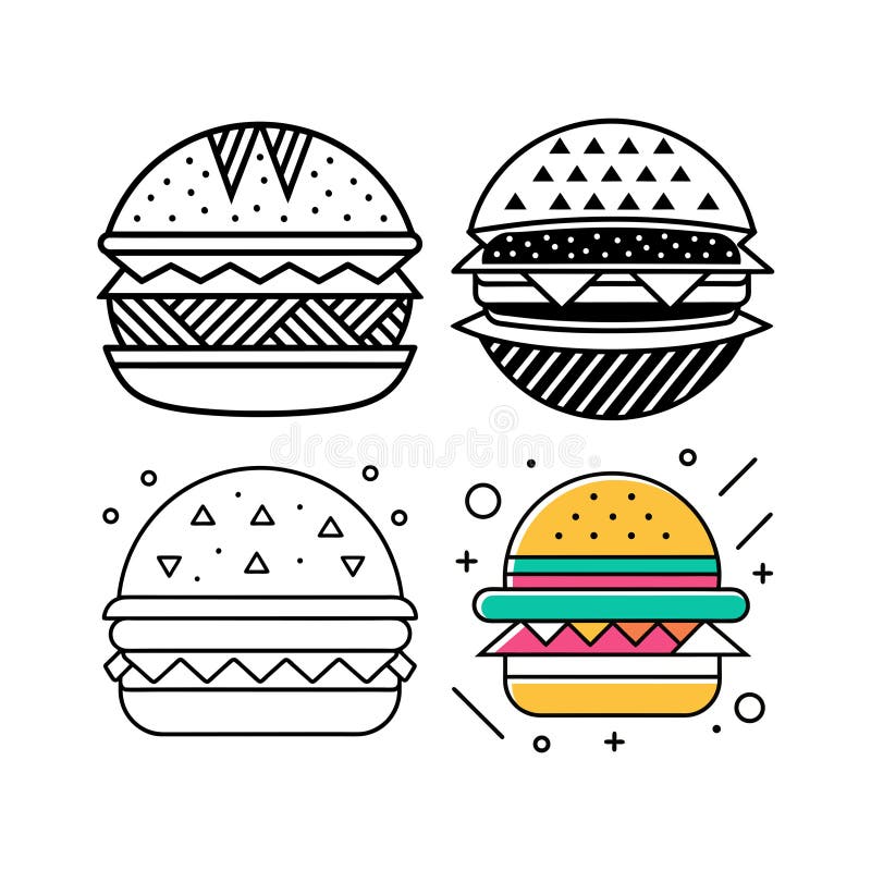 Four Trendy Line Art Burger Designs. Stock Vector - Illustration of ...