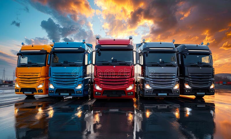 Four Trucks of Different Colors are Parked in Row Under the Sky at ...