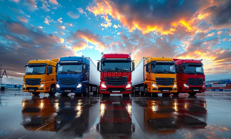 Four Trucks are Parked in Row on Wet Road Under Cloudy Sky. Stock Image ...