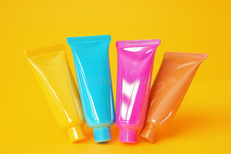 Four Tubes of Different Colored Toothpaste are Lined Up on a Yellow ...