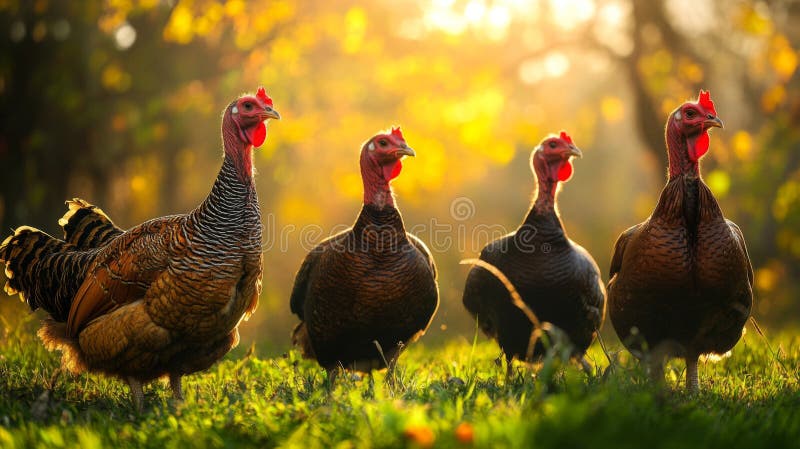 Four Turkeys in Autumnal Field at Sunrise Stock Illustration ...