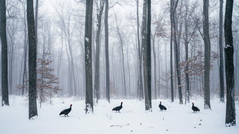 Four Turkeys Walking through a Snowy Forest Stock Illustration ...