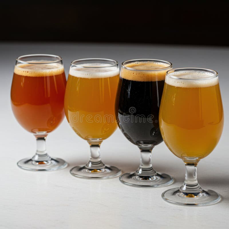Four Types of Beer Flight in Stemmed Glasses on White Table Stock ...