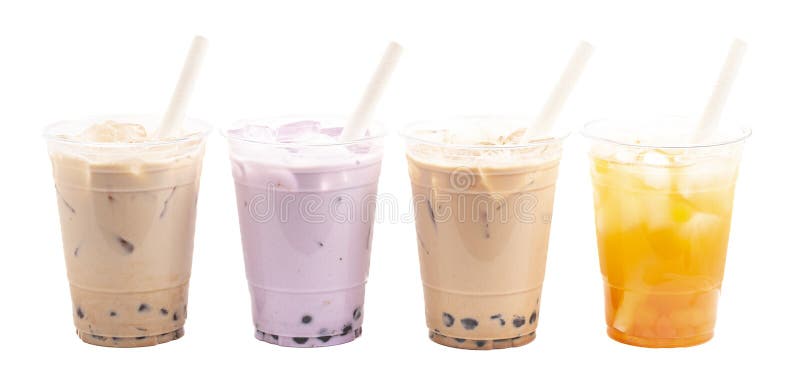 Four Different Types of Boba Milk Tea Isolated on a White Background ... Four Different Types of Boba Milk Tea Isolated on a White Background ...