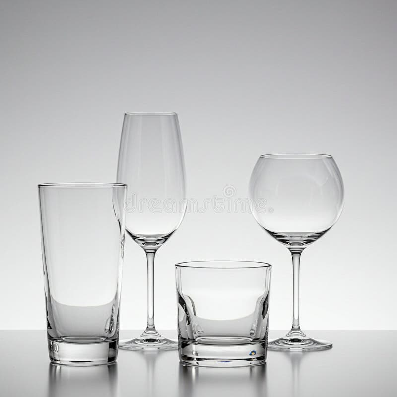 Four Types of Clear Glassware are Displayed on a Reflective Surface: a ...