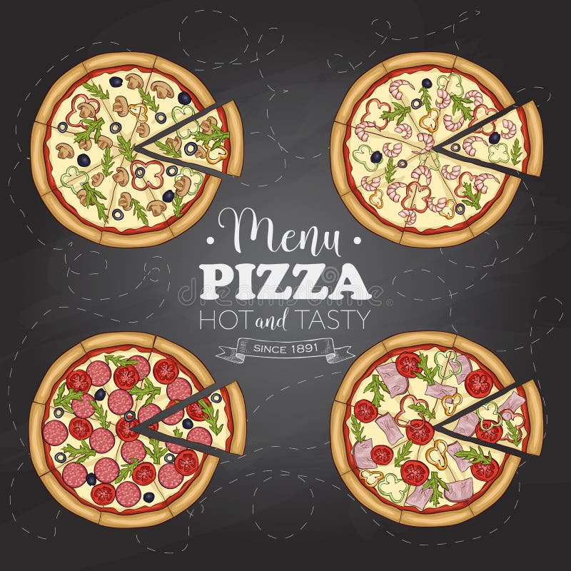 Four Types of Color Pizza on a Black Board Stock Vector - Illustration ...