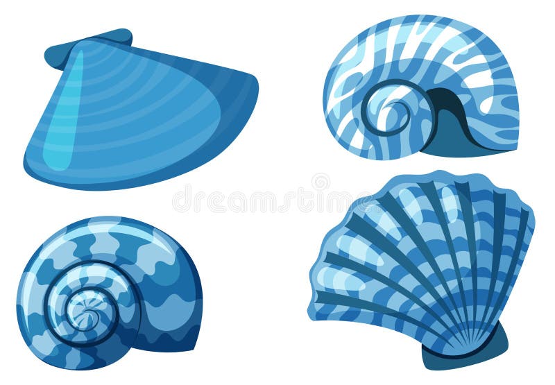 Four Types of Shells in Blue Color Stock Vector - Illustration of blue ...