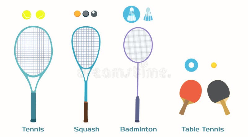 Four Types of Sports Rackets - Tennis, Squash, Badminton, and Table ...