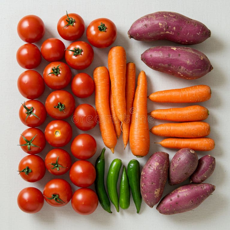 Four Types of Vegetables Arranged in Neat Rows on a White Surface. the Left Side Stock ...