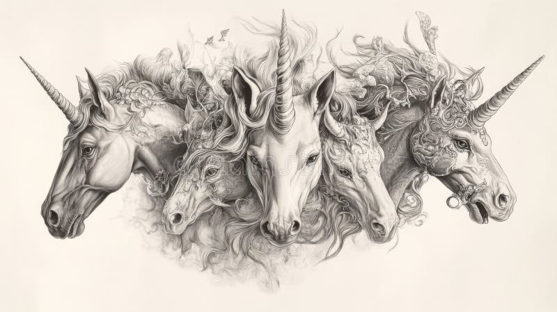 Four Unicorns Detailed Pencil Drawing in Monochrome Stock Illustration ...