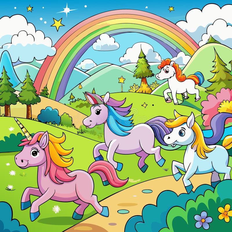 Four Unicorns Run in a Magical Rainbow Landscape Stock Vector ...