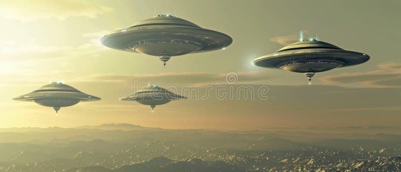 Four Unidentified Flying Objects Hover Over Distant City at Sunset ...