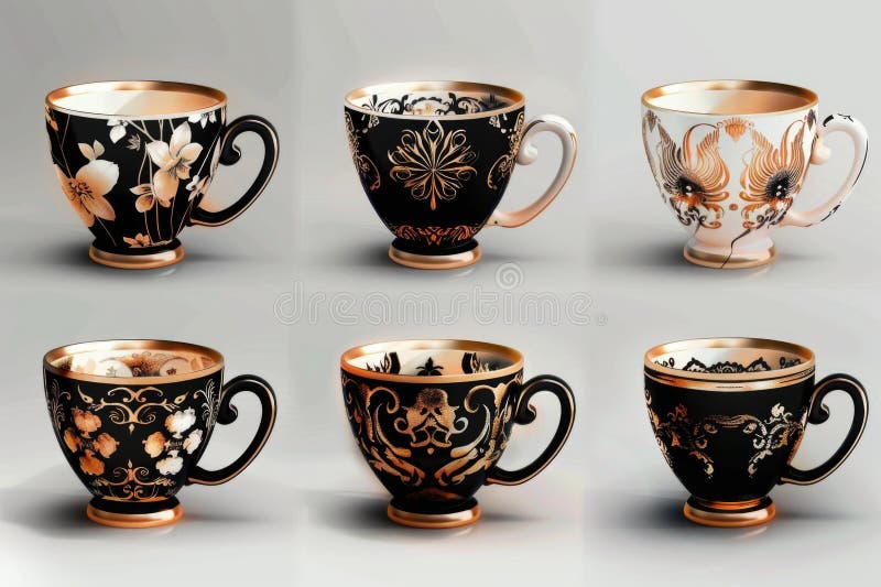 Four Unique Coffee Mugs Featuring Various Designs and Patterns Stock ...