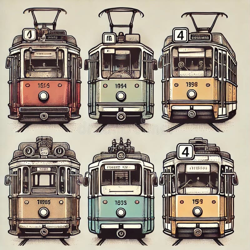 Four Unique Trams from Different Eras in Budapest Displayed Vertically ...