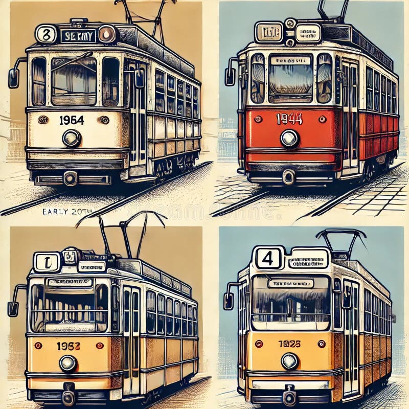 Vintage Budapest Trams Illustrated in a Flat Design Across Eras Stock ...