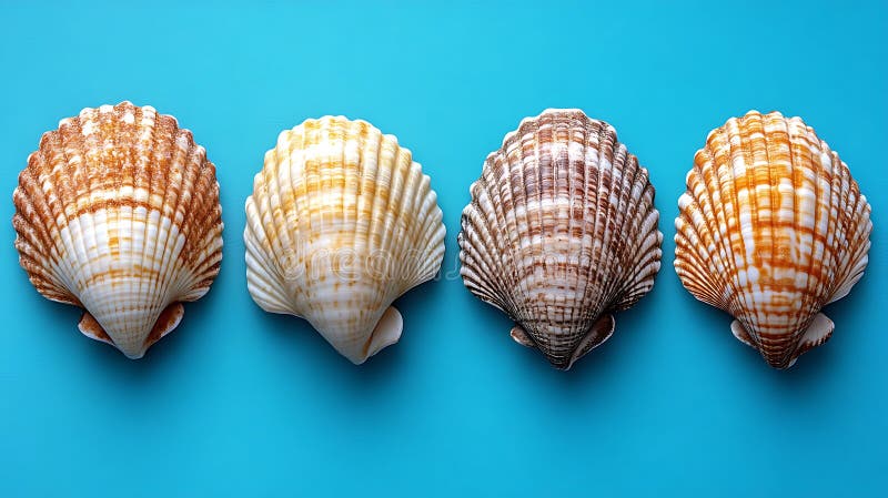 Four Scallop Shells Arranged on Blue Background Stock Illustration ...