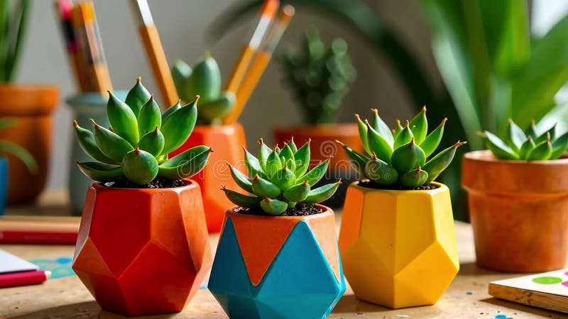 Four Uniquely Designed Succulent Pots with Plants, Surrounded by ...