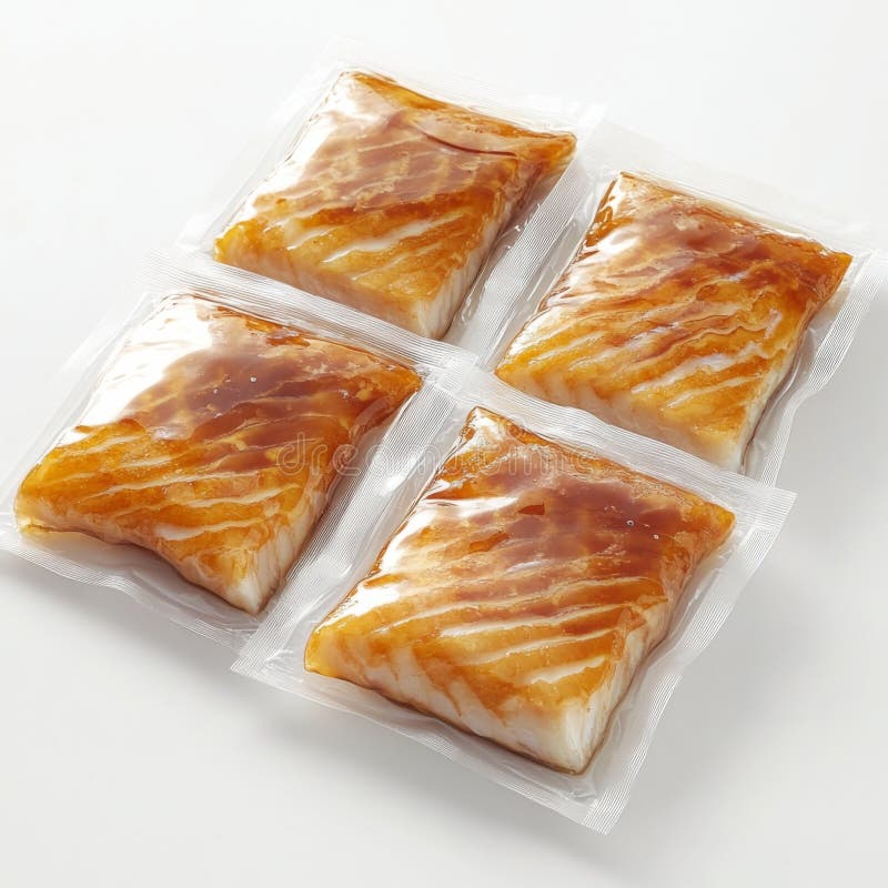Four Vacuum-sealed Marinated Fish Fillets in Clear Packaging on White ...
