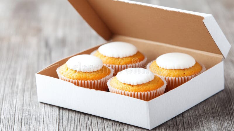 Four Vanilla Cupcakes with White Icing in a Box on Wooden Table Stock ...