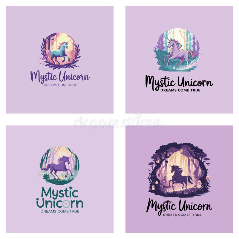Four Variations of a Beautiful Mythical Unicorn Logo Design with ...