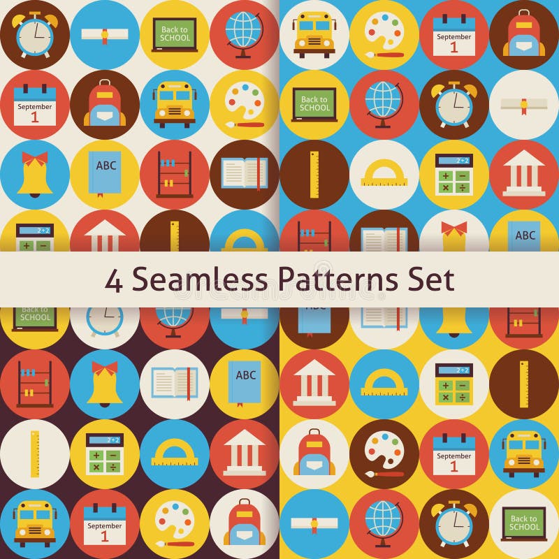 Four Vector Flat Seamless Back To School Patterns Set with Color Stock ...