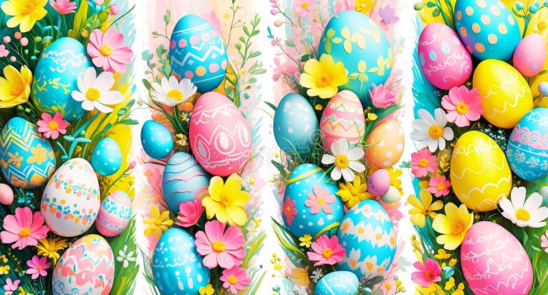 Four Vertical Caulomes of Easter Eggs and Flowers Stock Illustration ...
