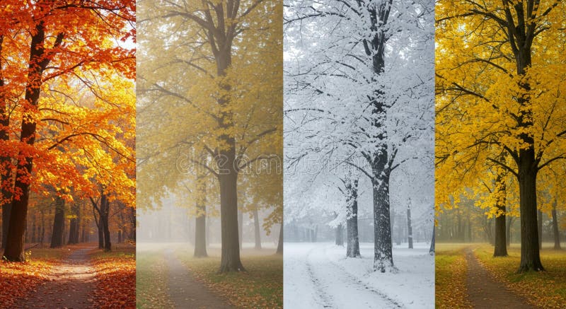 Four Vertical Panels Depict a Tree-lined Path through the Changing ...