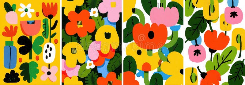 Four Vertical Sections of Bright Floral Abstract Patterns and Nature ...