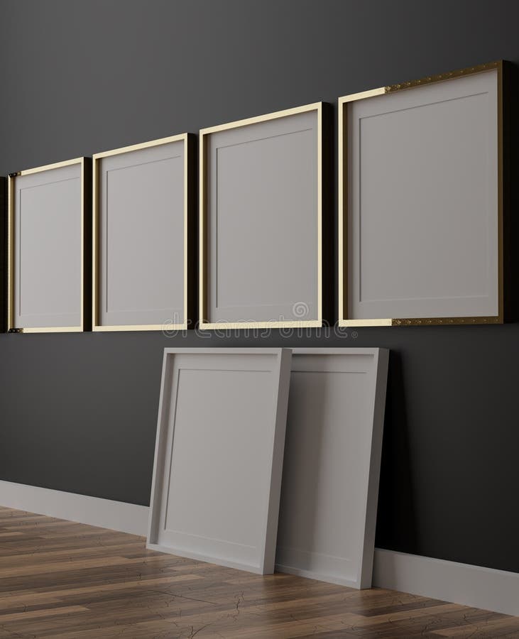 Four Vertical White Frame Mockup, Golden Frame on Black Wall, 3d ...