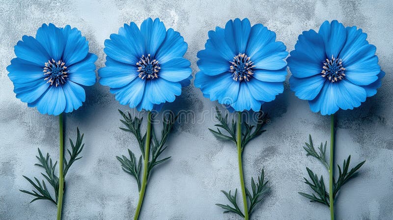 Four Vibrant, Blue Cosmos Flowers on a Light Gray Surface Stock ...
