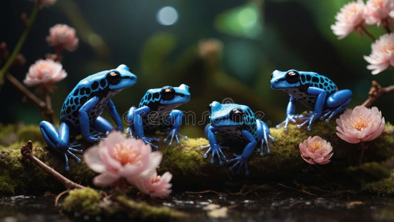 Vibrant Blue Poison Dart Frogs on Mossy Branch with Cherry Blossoms ...