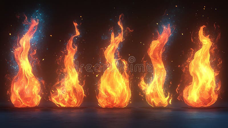 Four Vibrant Flames with Sparks on Dark Background Stock Illustration ...