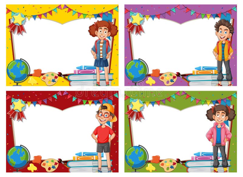 Four Frames Featuring Cheerful School Kids Stock Vector - Illustration ...