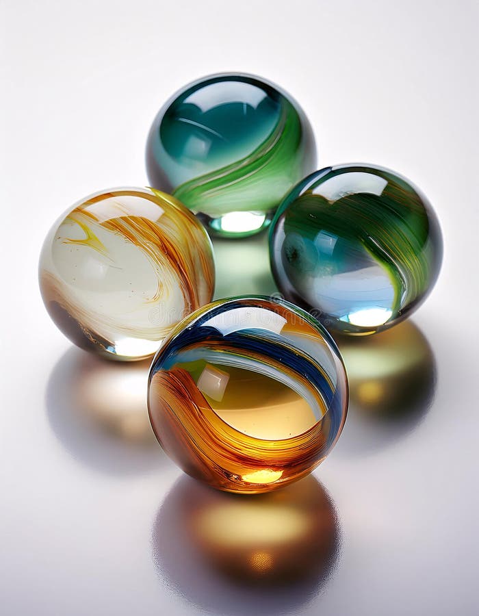 Four Vibrant Marbles, Each with Unique Swirling Patterns, Rest on a ...