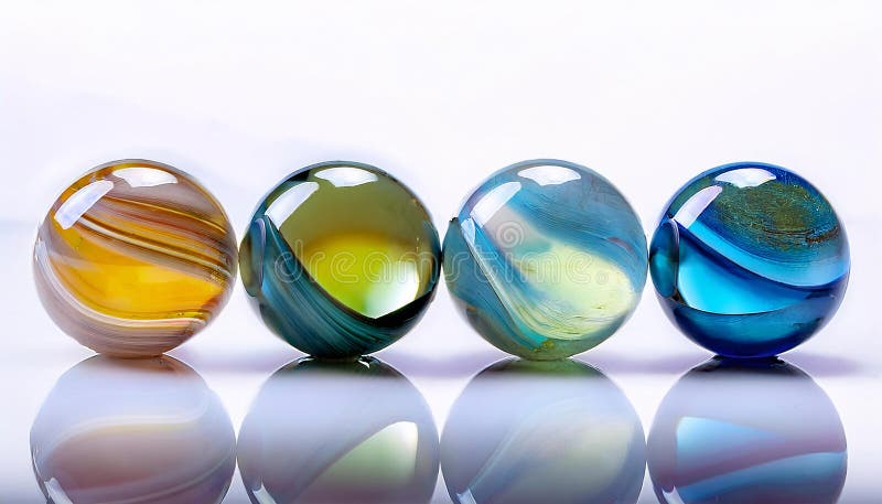 Four Vibrant Marbles, Each with Unique Swirling Patterns, Rest on a ...