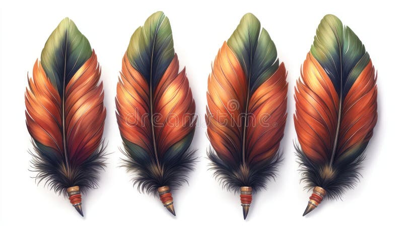 Four Vibrant, Stylized Feathers with Rich Colors and Intricate Details ...