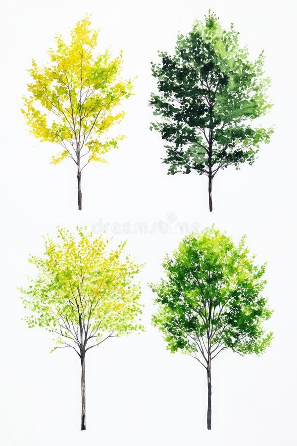 Four Vibrant Trees on a Plain White Surface Stock Image - Image of blue ...